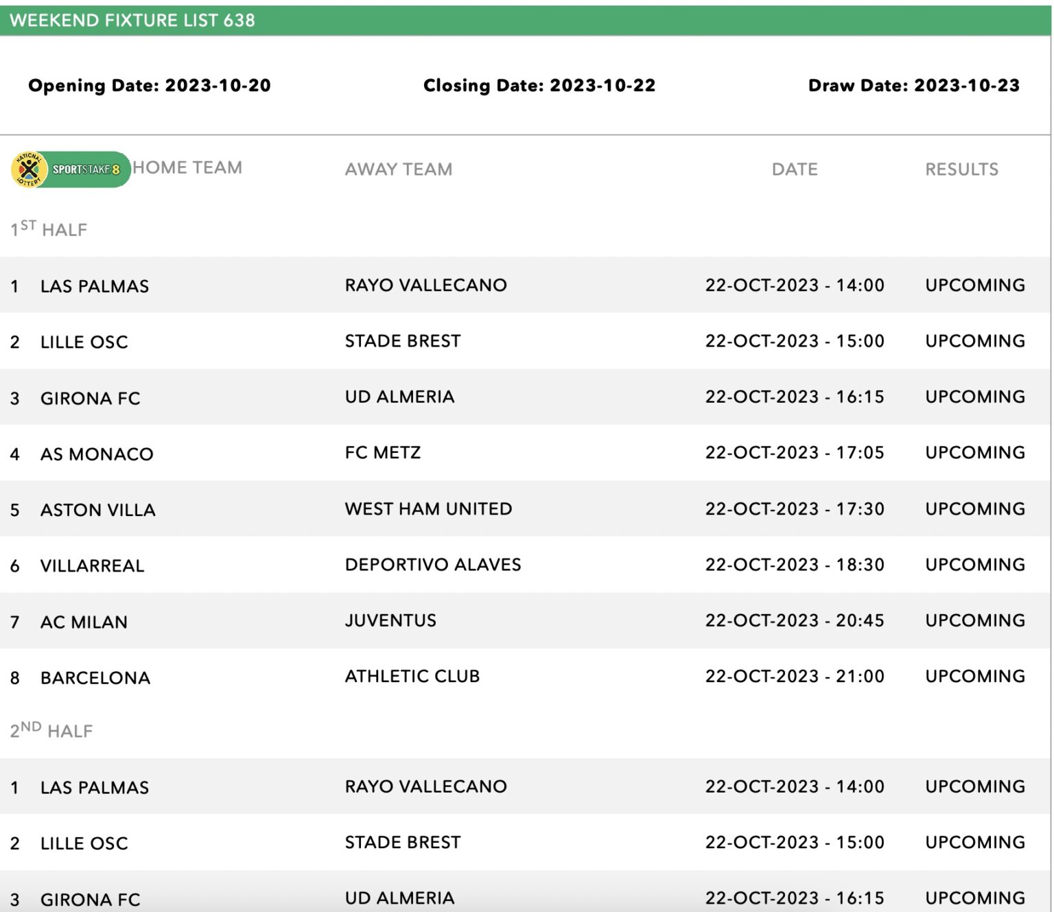 Sportstake 8 Tips and Predictions