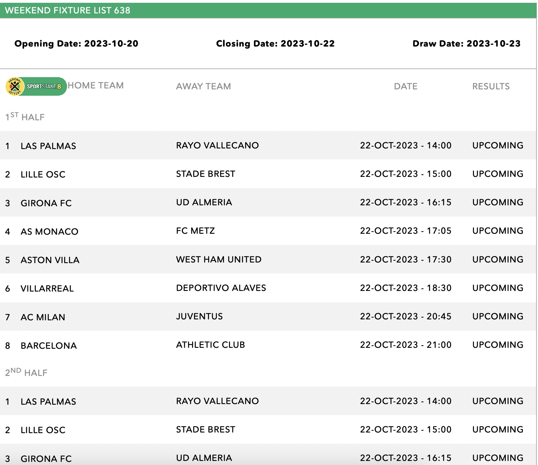 Sportstake 8 Tips and Predictions